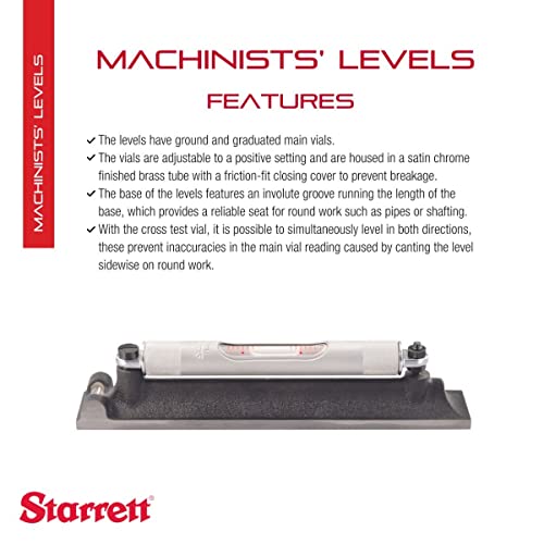 Starrett Machinists' Level with Ground and Graduated Main Vial - Ideal for Machine Shop and Tool Room Use - 8" (200mm) Length, Cross Test Vial, Without Case - 98-8