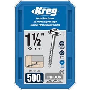 kreg sml-f150-500 zinc pocket-hole screws 1 1/2 inch, 7 fine thread maxi-loc head (500 count)