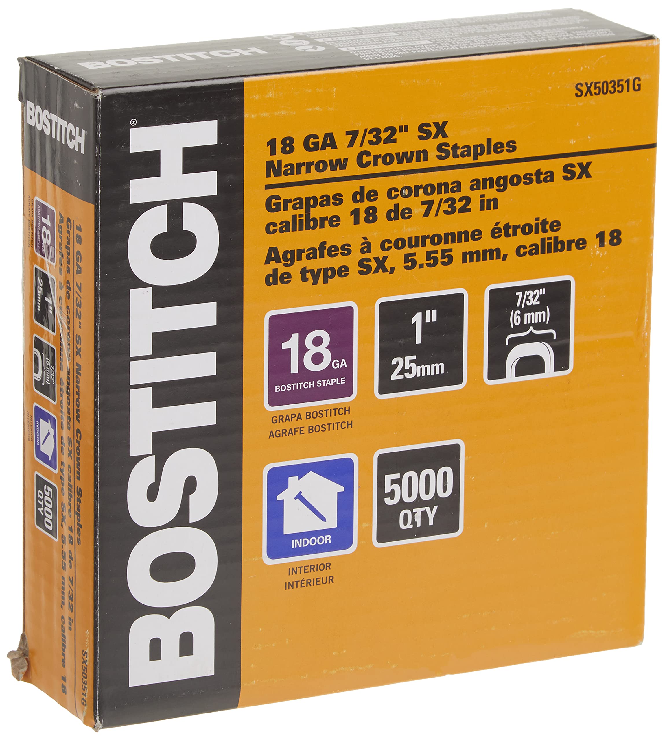 BOSTITCH Crown Staples, Narrow, 1 x 7/32-Inch, 18GA, 5000-Pack (SX50351G)