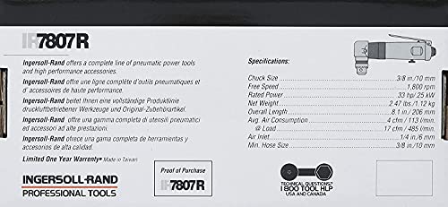 Ingersoll Rand 7807R 3/8” Reversible Air Angle Drill, Standard Duty, 1800 RPM, Quiet, Durable Jacobs Multi-Craft Chuck, Grease Plug