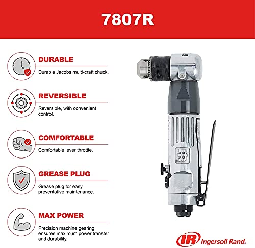 Ingersoll Rand 7807R 3/8” Reversible Air Angle Drill, Standard Duty, 1800 RPM, Quiet, Durable Jacobs Multi-Craft Chuck, Grease Plug