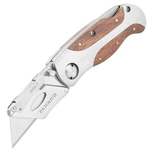 sheffield 12115 ultimate lock back utility knife, folding, box cutter knife, carpet knife, drywall cutter, and more, quick-change blade, back lock design, aluminum & wood handle