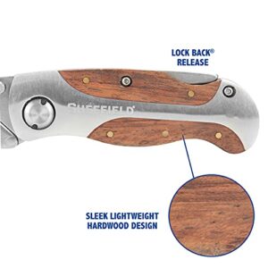 Sheffield 12115 Ultimate Lock Back Utility Knife, Folding, Box Cutter Knife, Carpet Knife, Drywall Cutter, and More, Quick-Change Blade, Back Lock Design, Aluminum & Wood Handle