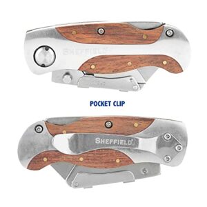 Sheffield 12115 Ultimate Lock Back Utility Knife, Folding, Box Cutter Knife, Carpet Knife, Drywall Cutter, and More, Quick-Change Blade, Back Lock Design, Aluminum & Wood Handle