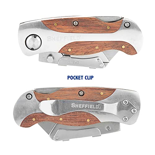 Sheffield 12115 Ultimate Lock Back Utility Knife, Folding, Box Cutter Knife, Carpet Knife, Drywall Cutter, and More, Quick-Change Blade, Back Lock Design, Aluminum & Wood Handle