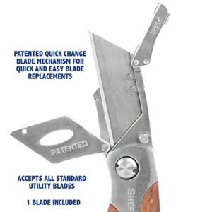 Sheffield 12115 Ultimate Lock Back Utility Knife, Folding, Box Cutter Knife, Carpet Knife, Drywall Cutter, and More, Quick-Change Blade, Back Lock Design, Aluminum & Wood Handle