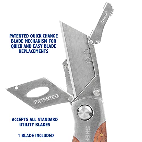 Sheffield 12115 Ultimate Lock Back Utility Knife, Folding, Box Cutter Knife, Carpet Knife, Drywall Cutter, and More, Quick-Change Blade, Back Lock Design, Aluminum & Wood Handle