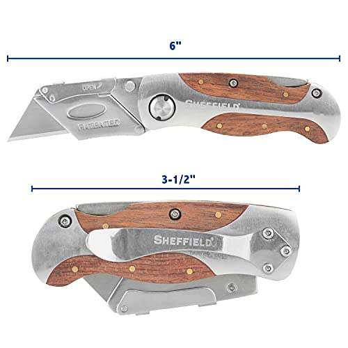 Sheffield 12115 Ultimate Lock Back Utility Knife, Folding, Box Cutter Knife, Carpet Knife, Drywall Cutter, and More, Quick-Change Blade, Back Lock Design, Aluminum & Wood Handle