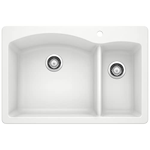 BLANCO, White 440200 DIAMOND SILGRANIT Double Bowl Drop-In or Undermount Kitchen Sink, 33" L x 22" W x 9.5" D