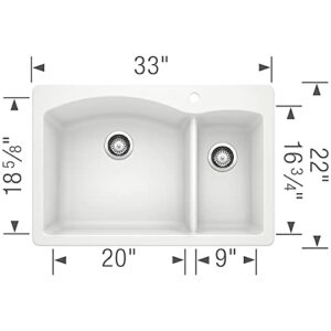 BLANCO, White 440200 DIAMOND SILGRANIT Double Bowl Drop-In or Undermount Kitchen Sink, 33" L x 22" W x 9.5" D