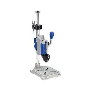 dremel drill press rotary tool workstation stand with wrench- 220-01- mini portable press- holder- 2 inch depth- ideal for drilling perpendicular and angled holes- table top , silver