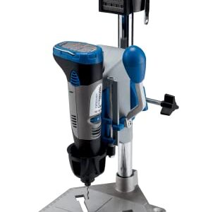 Dremel Drill Press Rotary Tool Workstation Stand with Wrench- 220-01- Mini Portable Press- Holder- 2 Inch Depth- Ideal for Drilling Perpendicular and Angled Holes- Table Top , Silver