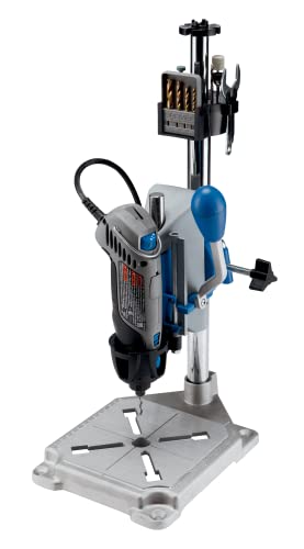 Dremel Drill Press Rotary Tool Workstation Stand with Wrench- 220-01- Mini Portable Press- Holder- 2 Inch Depth- Ideal for Drilling Perpendicular and Angled Holes- Table Top , Silver