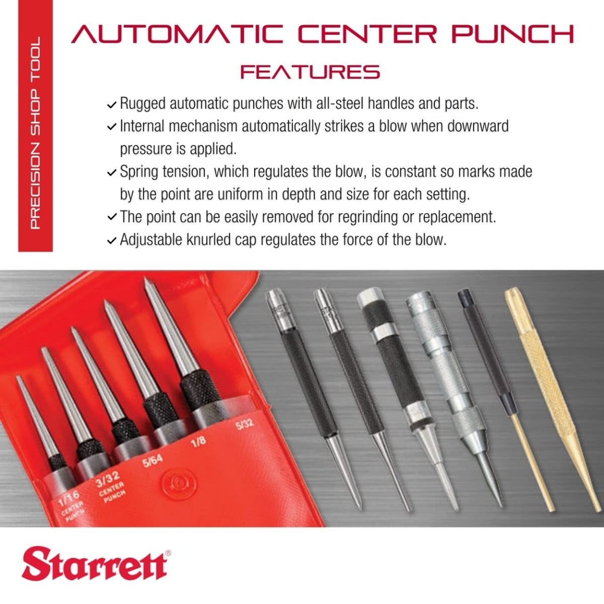 Starrett Steel Automatic Center Punch with Adjustable Stroke - 5" (125mm) Length, 9/16" (14mm) Punch Diameter, Lightweight, Knurled Steel Handle - 18A