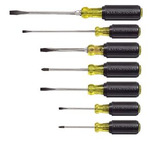 klein tools 85076 screwdriver set, slotted and phillips screwdrivers with non-slip cushion-grip handles and tip-ident, 7-piece