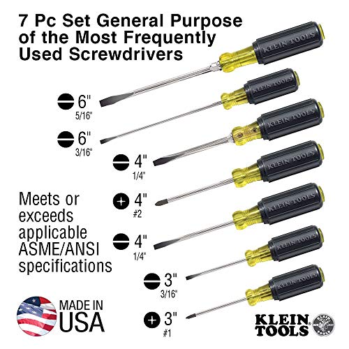 Klein Tools 85076 Screwdriver Set, Slotted and Phillips Screwdrivers with Non-Slip Cushion-Grip Handles and Tip-Ident, 7-Piece