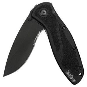 kershaw blur,black serrated(1670blkst); folding knife with all-black body,partially serrated 3.4” 14c28n steel blade,anodized aluminum handle with trac-tec grip,reversible pock lip; 3.9oz