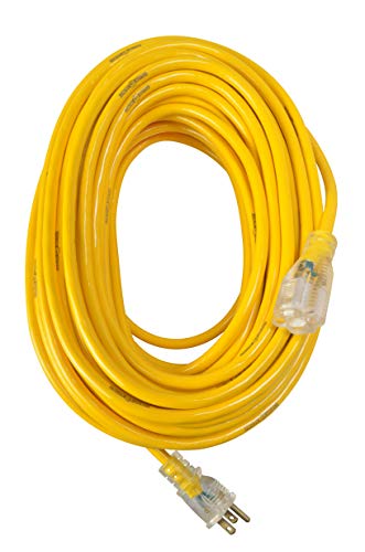 Yellow Jacket 2885 12/3 Heavy-Duty 15-Amp Premium SJTW Contractor Extension Cord with Lighted End, Ideal use With Heavy Duty Equipment and Tools, Durable Molded Plugs, 100 Feet, Yellow