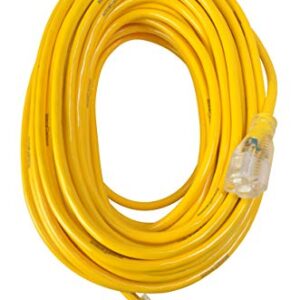 Yellow Jacket 2885 12/3 Heavy-Duty 15-Amp Premium SJTW Contractor Extension Cord with Lighted End, Ideal use With Heavy Duty Equipment and Tools, Durable Molded Plugs, 100 Feet, Yellow