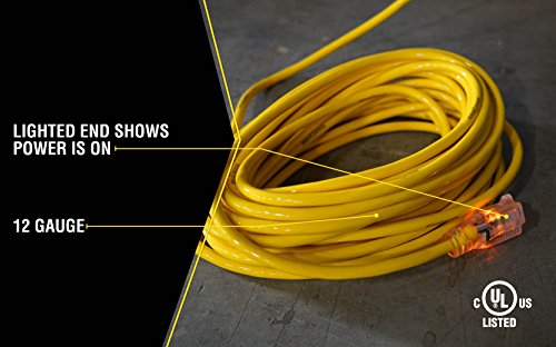 Yellow Jacket 2885 12/3 Heavy-Duty 15-Amp Premium SJTW Contractor Extension Cord with Lighted End, Ideal use With Heavy Duty Equipment and Tools, Durable Molded Plugs, 100 Feet, Yellow