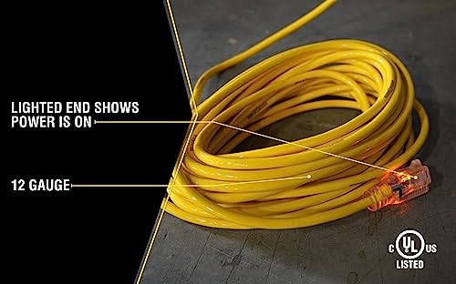 Yellow Jacket 2885 12/3 Heavy-Duty 15-Amp Premium SJTW Contractor Extension Cord with Lighted End, Ideal use With Heavy Duty Equipment and Tools, Durable Molded Plugs, 100 Feet, Yellow