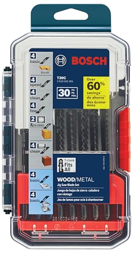 BOSCH T30C T-Shank Multi-Purpose Jigsaw Blades, 30 Piece, Assorted, Jig Saw Blade Set for Cutting Wood and Metal