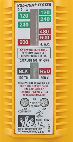 IDEAL INDUSTRIES INC. 61-076 Vol-Con Solenoid Voltage Tester with Vibration Mode, AC/DC Voltage Level Testing, CATIII for 600v, Yellow