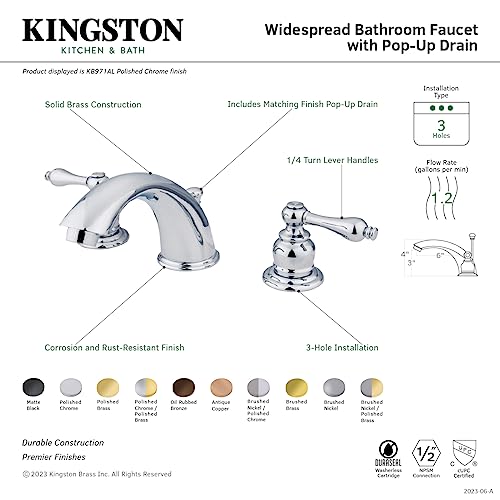 Kingston Brass KB974AL Victorian Widespread Lavatory Faucet with Metal lever handle, Polished Chrome and Polished Brass,8-Inch Adjustable Center