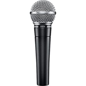 shure sm58 cardioid dynamic vocal microphone with pneumatic shock mount, spherical mesh grille with built-in pop filter, a25d mic clip, storage bag, 3-pin xlr connector, no cable included (sm58-lc)