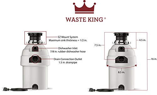 Waste King 1 HP Garbage Disposal with Power Cord, Food Waste Disposer for Kitchen Sink, L-8000