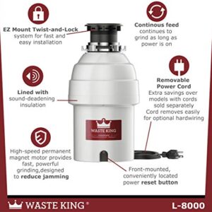 Waste King 1 HP Garbage Disposal with Power Cord, Food Waste Disposer for Kitchen Sink, L-8000