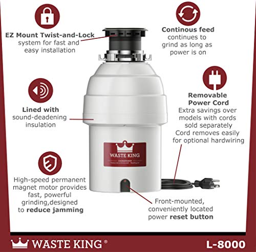 Waste King 1 HP Garbage Disposal with Power Cord, Food Waste Disposer for Kitchen Sink, L-8000