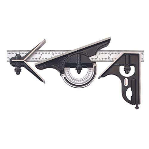 Starrett Combination Set with Square, Center and Reversible Protractor Head and Blade -12" Blade Length, Forged and Hardened Steel Heads, 4R Graduation Type - 434-12-4R