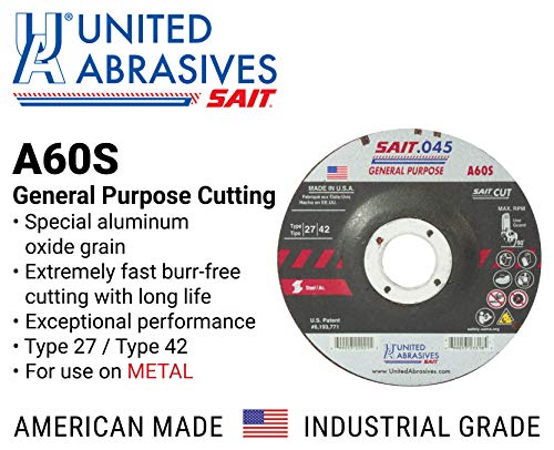 United Abrasives-SAIT 22021 A60S General Purpose Cut-Off Wheels (Type 27/Type 42 Depressed Center) 4 1/2" x .045" x 7/8", 50-Pack