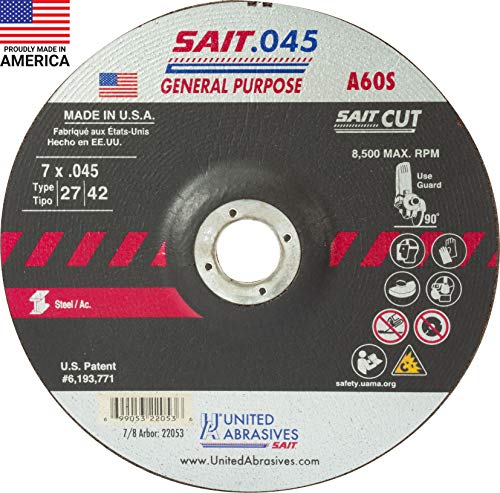 United Abrasives-SAIT 22053 A60S General Purpose Cut-Off Wheels (Type 27/Type 42 Depressed Center) 7" x .045" x 7/8", 50-Pack