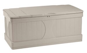 suncast indoor/outdoor 99 gallon large deck box, taupe