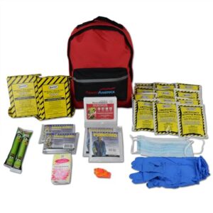 ready america 70280 72 hour emergency kit, 2-person, 3-day backpack, includes first aid kit, survival blanket, portable preparedness go-bag for camping, car, earthquake, travel, hiking, and hunting, red