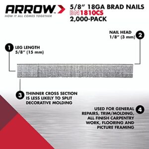 Arrow BN1810CS 18-Gauge Steel Brad Nails for Molding, Cabinets, Framing, Trim, and Finishing, Safe to Use with Electric or Battery Powered Nailers, Steel, 5/8 Inch, 1000 Pack