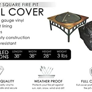 Fire Sense 02056 Outdoor Square Fire Pit Vinyl Cover Patio Heaters Heavy Duty 10 Gauge Felt Lined Water & Weather Resistant Fabric Ties - 38” x 38” - Square