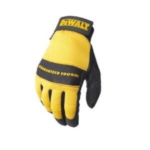 dewalt dpg20l all purpose synthetic leather palm spandex back velcro wrist work glove, large, yellow/ black