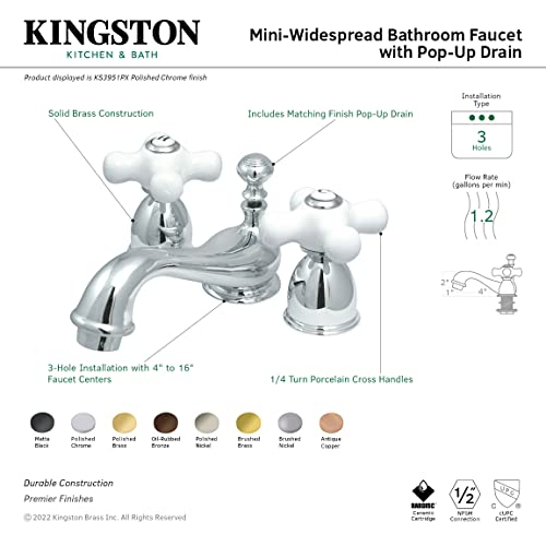 Elements of Design ES3951PX Widespread Lavatory Faucet with Porcelain Cross Handle, Mini, Polished Chrome