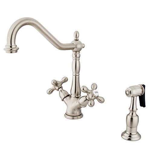 Kingston Brass Nuvo Elements of Design ES1238AXBS New Orleans 2-Handle Deck Mount Kitchen Faucet with Brass Sprayer, 8- 1/2', Satin Nickel