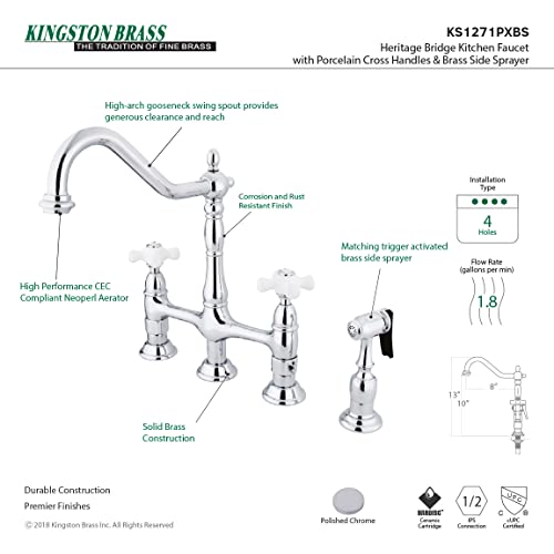 Kingston Brass KS1271PXBS 8-inch Center Heritage Two Handles Bridge Kitchen Faucet with Metal Side Sprayer, Polished Chrome