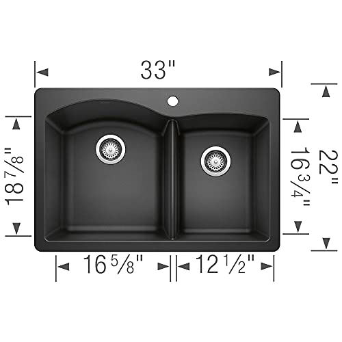 BLANCO 440215 Diamond Silgranit 60/40 Double Bowl Undermount or Drop Kitchen Sink, 33" L X 22" W, Anthracite