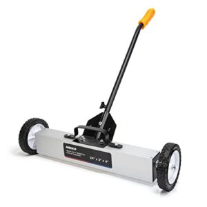 neiko 53416a 24” rolling magnetic sweeper with wheels, 30 pound capacity, adjustable handle & floor magnet clearance height, metal pick up and nail magnet, floor sweeper for construction, shop, etc.