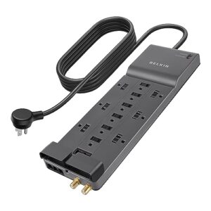 belkin power strip surge protector with 12 ac multiple outlets, 10 ft long flat plug heavy duty extension cord for home, office, travel, computer desktop, laptop & phone charging bricks (4,156 joules)