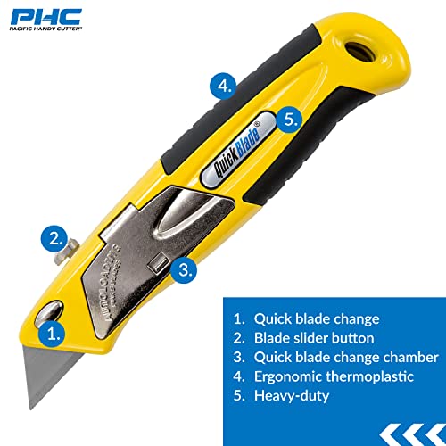 Pacific Handy Cutter QBA375 Autoloading Utility Knife, Automatic Blade Changing, with 5 Additional Blades , Yellow