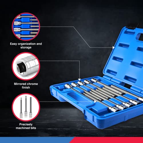 Neiko 10076A 3/8-Inch Drive Extra Long Allen Hex Bit Socket Set, Metric, 3 mm - 10 mm | S2 and Cr-V Steel, 7-Piece Set