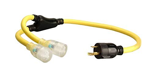 Woods Coleman Cable 01915 3-Feet Generator Power Cord Adapter, 10/3 Splitter Y Adapter, L5-30P to (2) Lighted 5-20R