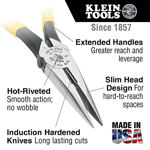 Klein Tools D203-6C Standard Long Nose Cutting Pliers with Spring, 6-Inch